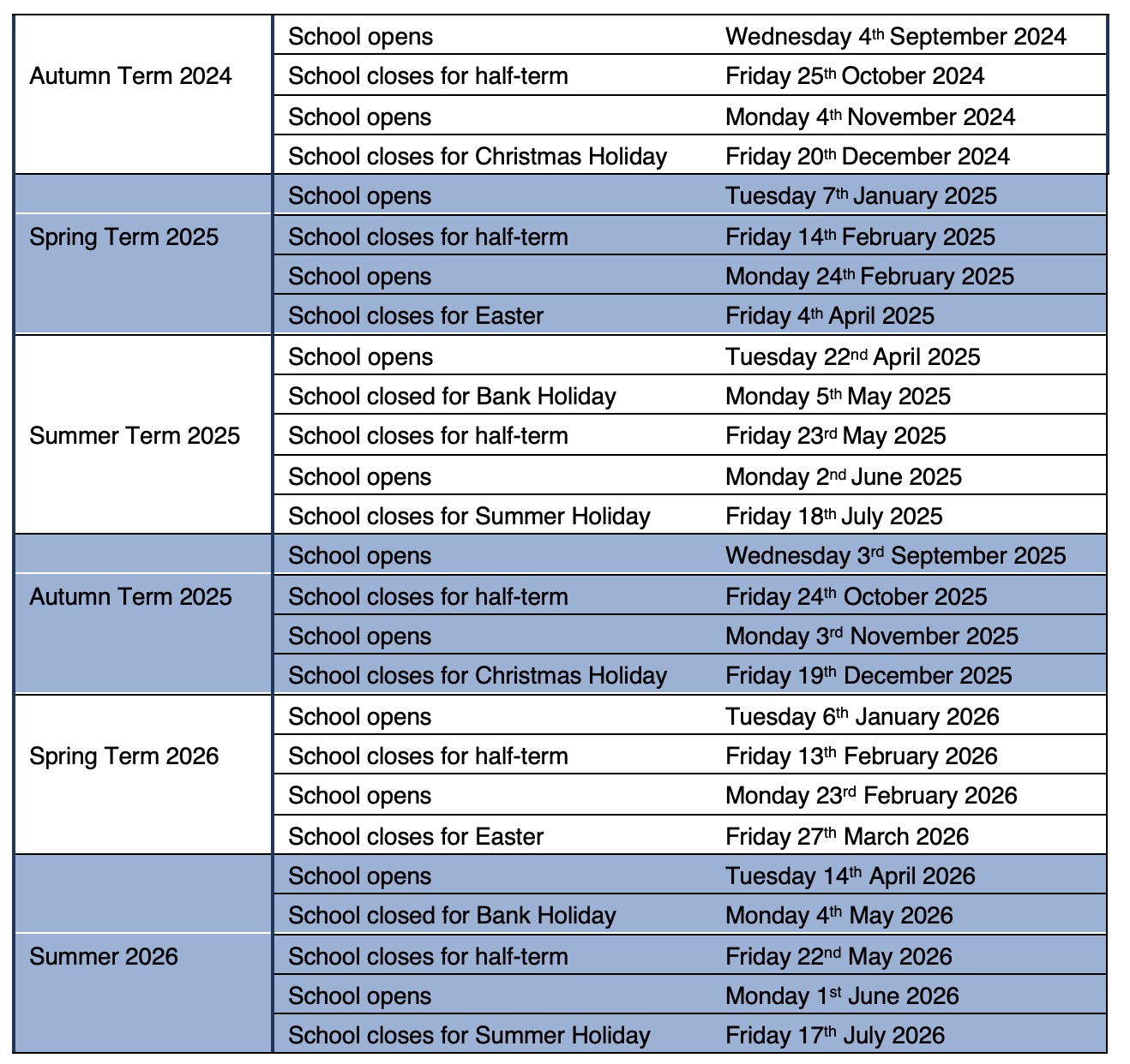 Holiday Dates | Woodmansey CE Primary School